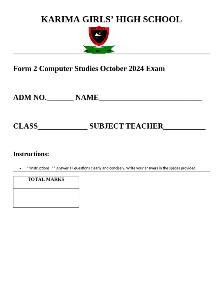Form 2 October 2024 Computer Exam | PDF | Computer Hardware | Office ...