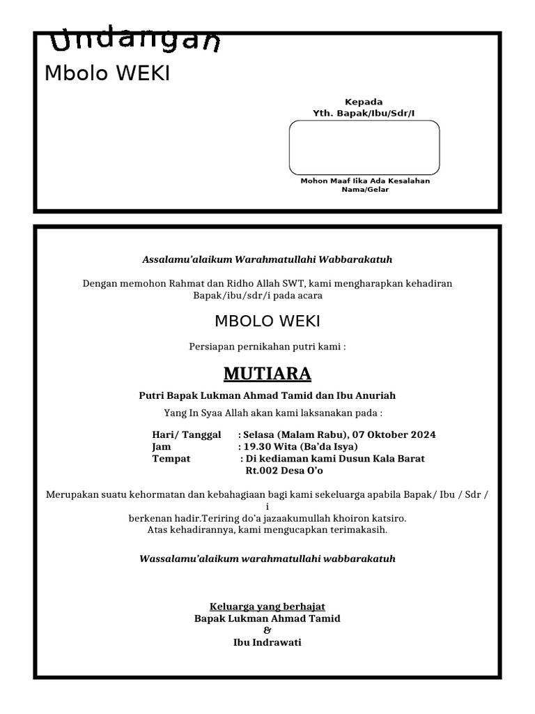 Undangan Mbolo Weki Pernikahan Mutiara | PDF