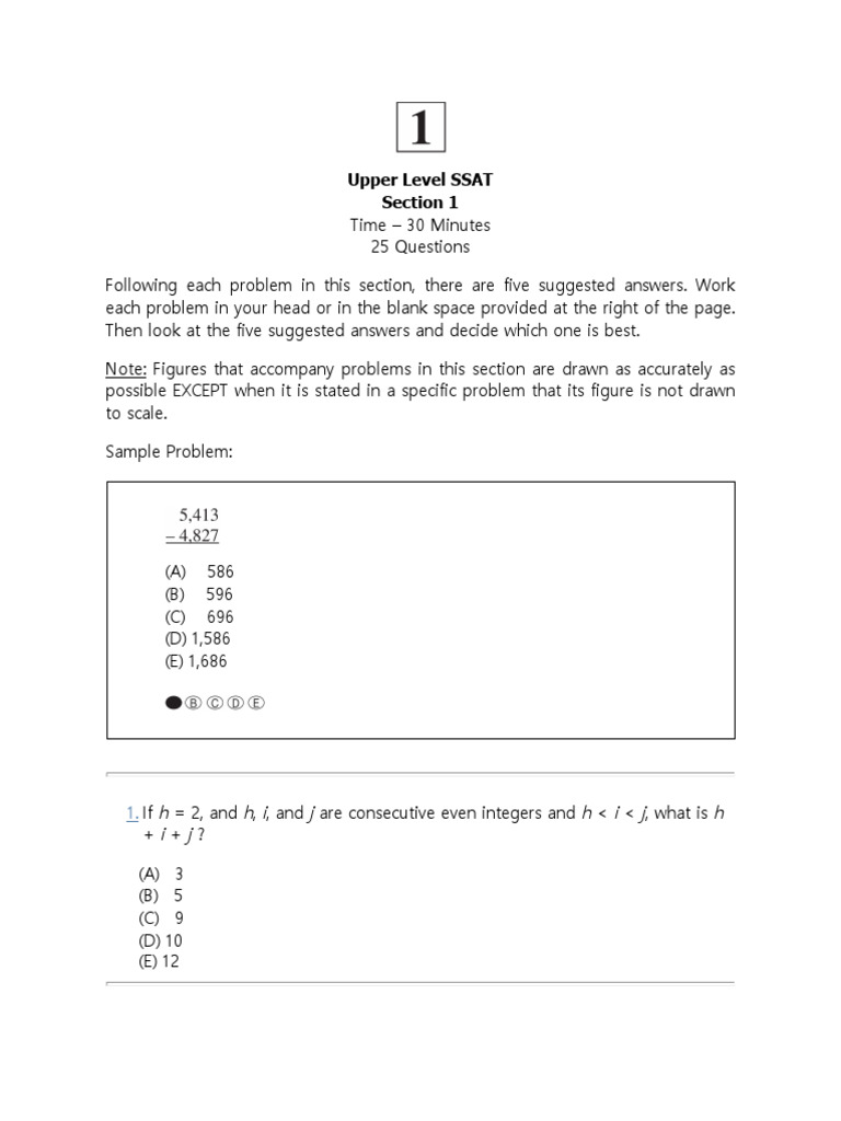 (2024) Princeton Review SSAT - 1. Upper Level SSAT Math Section 1 | PDF ...
