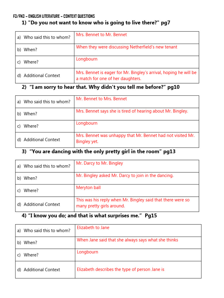 Context Questions for English Literature | PDF | Pride And Prejudice ...
