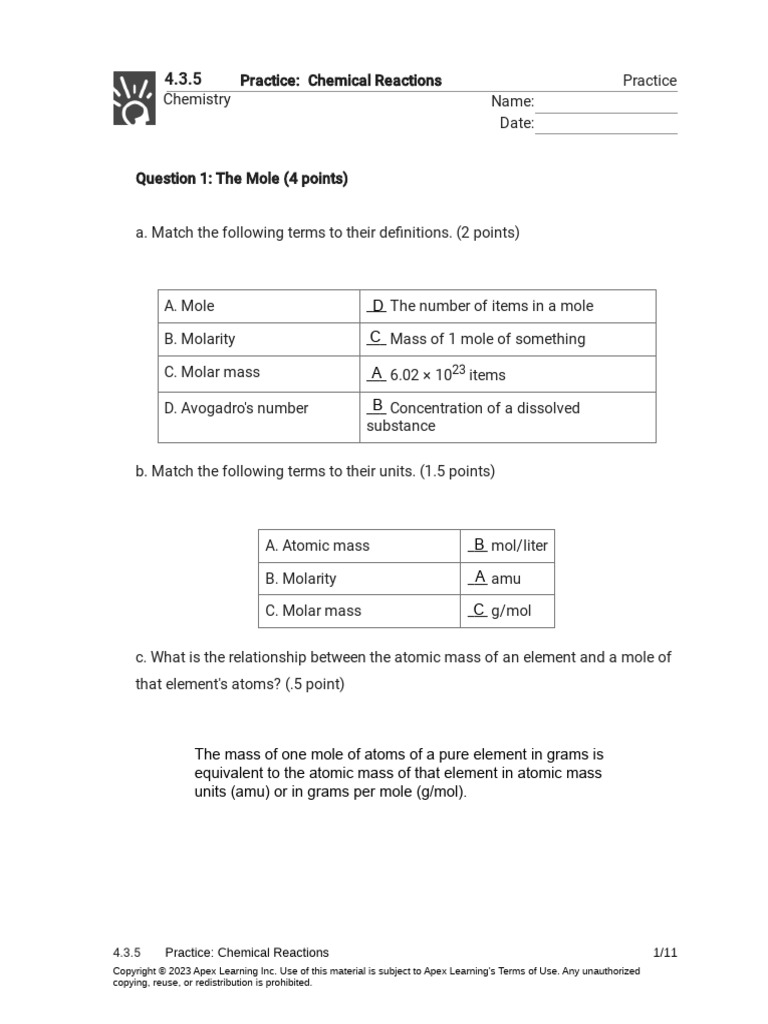 4 3 5 Practice Chemical Reactions Practice 1 | PDF | Mole (Unit ...