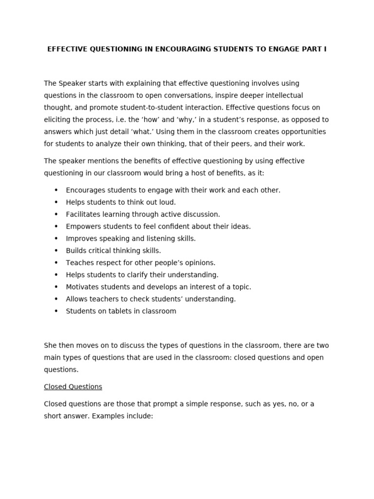Effective Questioning for Student Engagement | PDF | Thought | Classroom