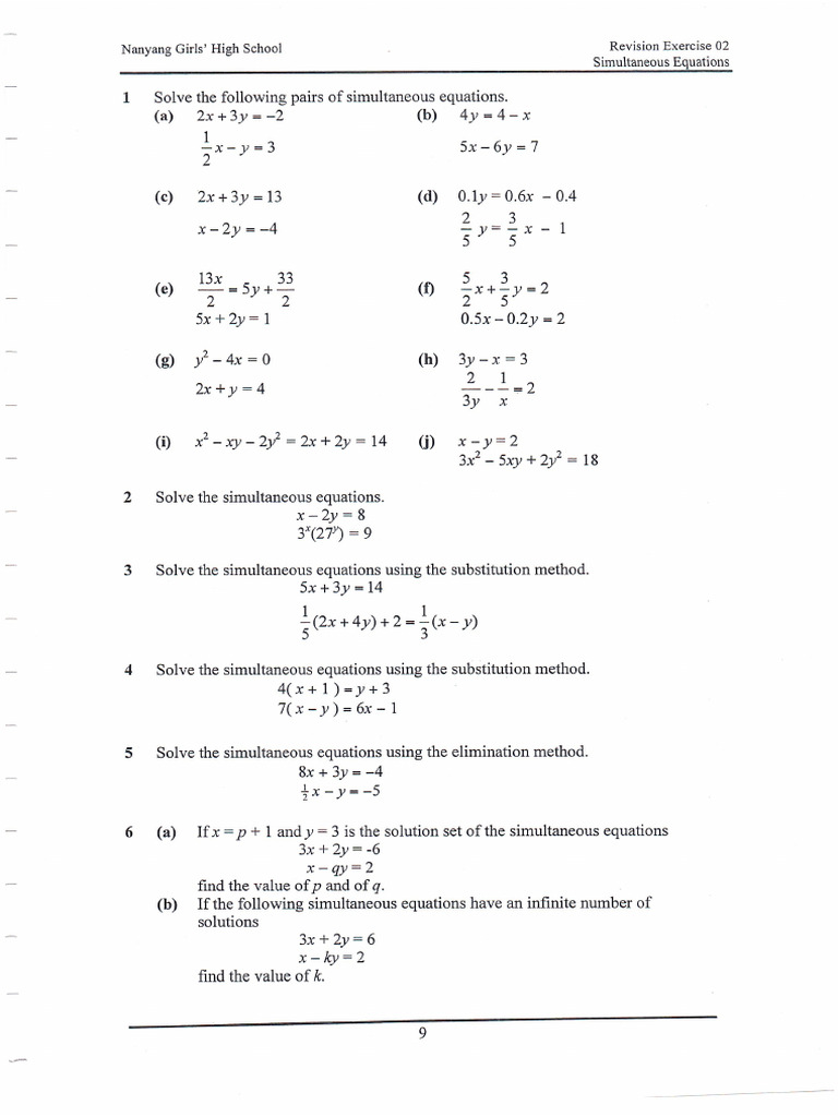 NYGH S2 Math Ex02 Simultanous Equations | PDF