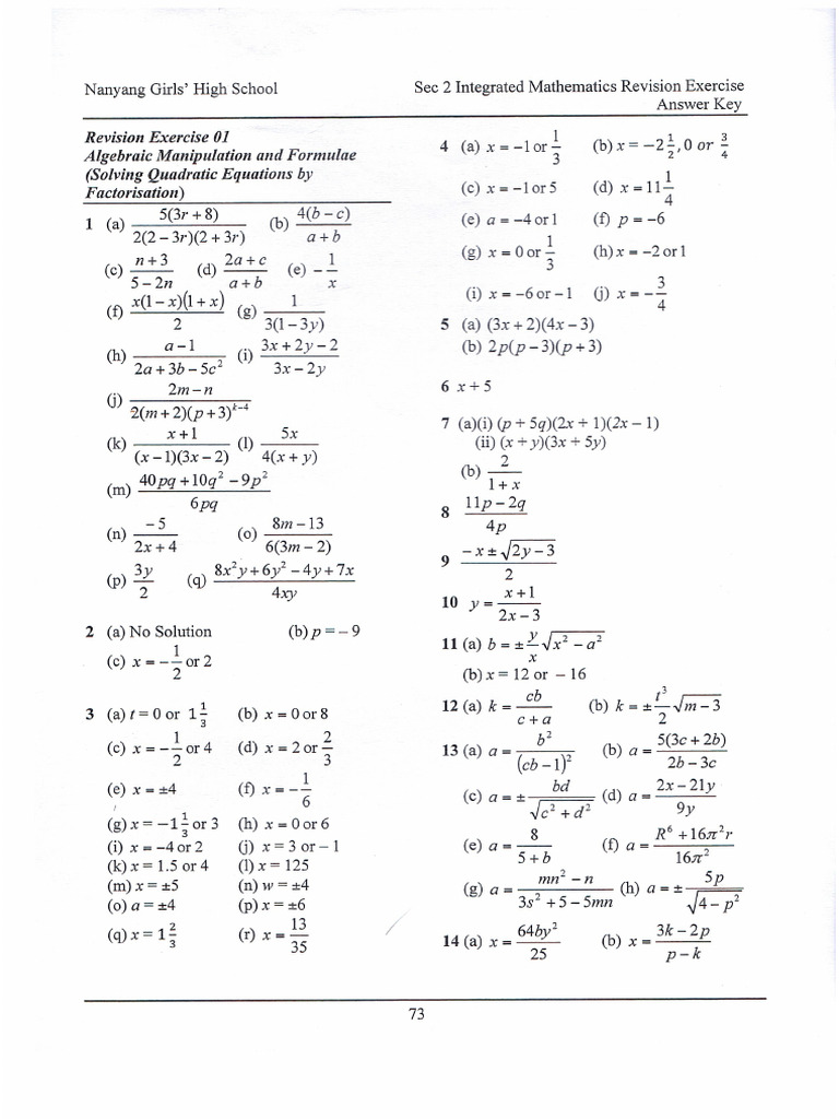 NYGH S2 Math Ex01 Algebraic Manipulation and Formulae Answer | PDF