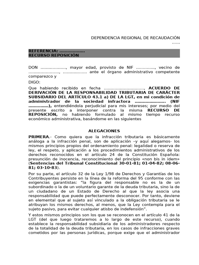 Formulario Recurso Reposicion Derivacion Responsabilidad Administrador ...