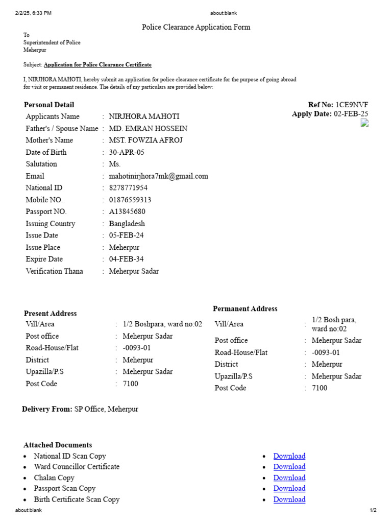 Police clearance Application Form | PDF | Government | International Law