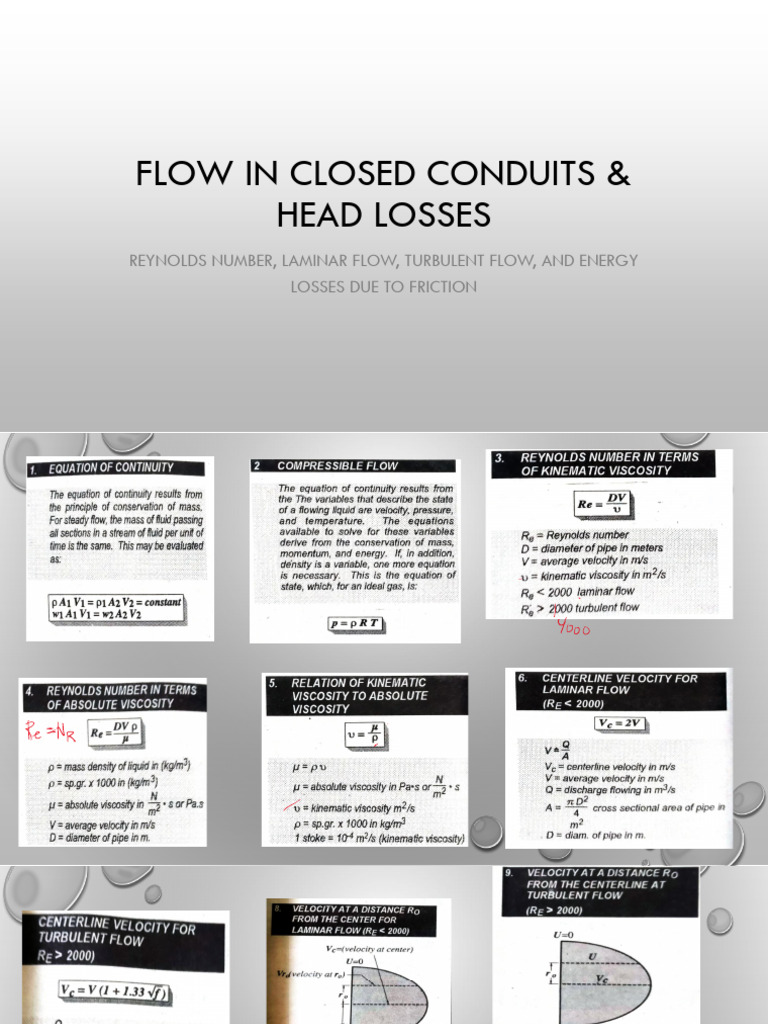Flow in Closed Conduits & HEAD LOSSES | PDF | Fluid Dynamics | Reynolds Number