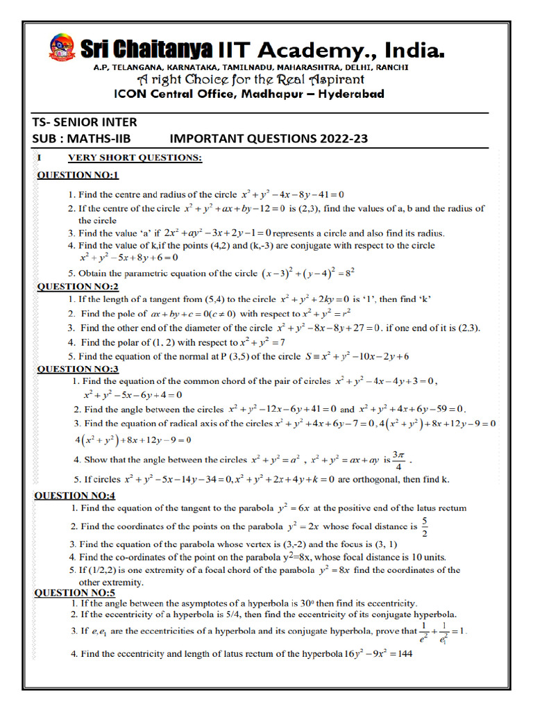 Ts Sr Maths Iib Important Questions_28!02!2023 | PDF | Ellipse | Circle