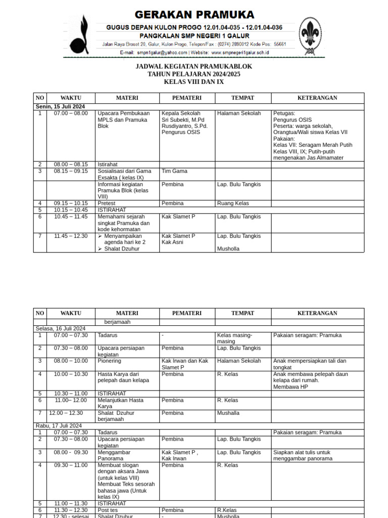 Jadwal Pramuka Blok 2425 (Ok) | PDF