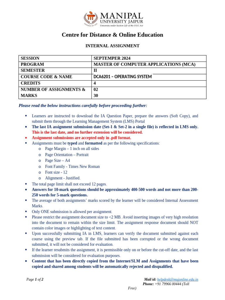 MCA Operating Systems Internal Assignment | PDF | Learning