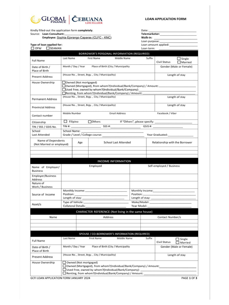 FORM 1 Application cebuana | PDF