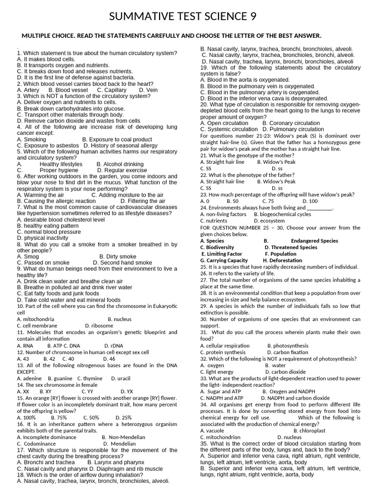 Summative Test Science 9 | PDF | Circulatory System | Lung