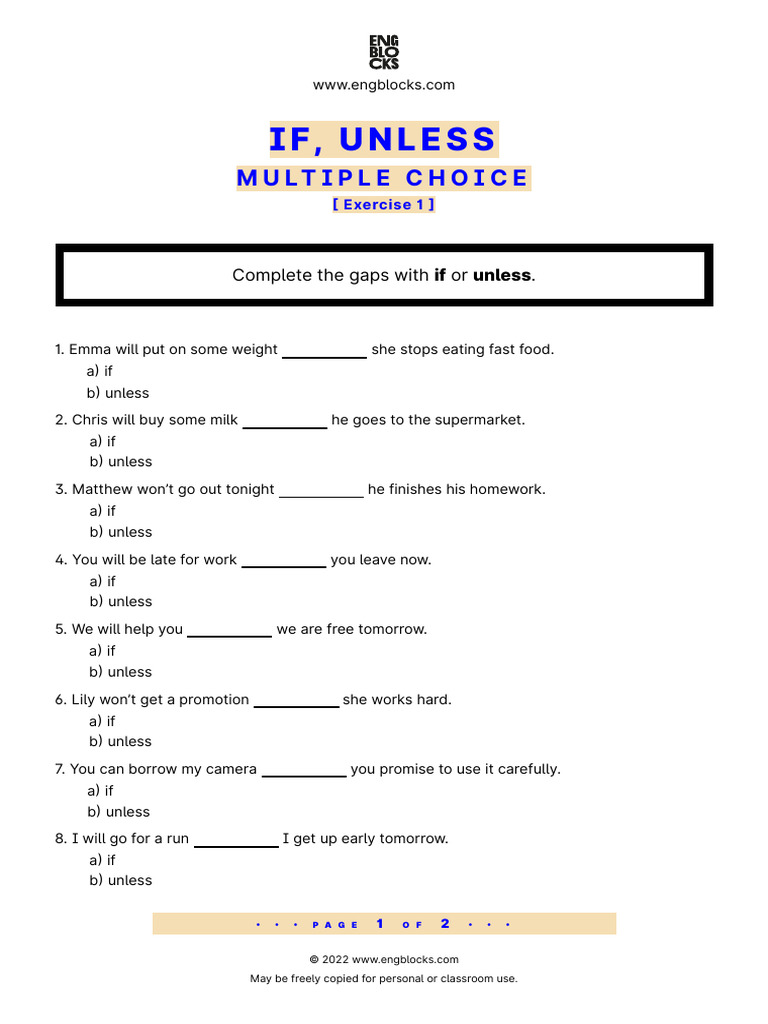 If vs Unless: Multiple Choice Quiz | PDF