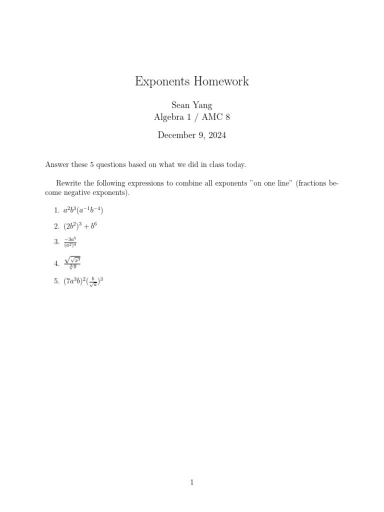 Simplifying Exponents Homework | PDF