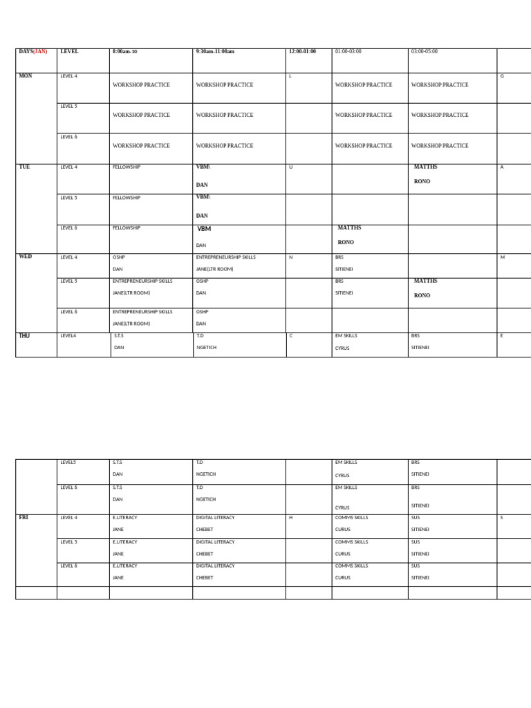 January Workshop Schedule by Level | PDF