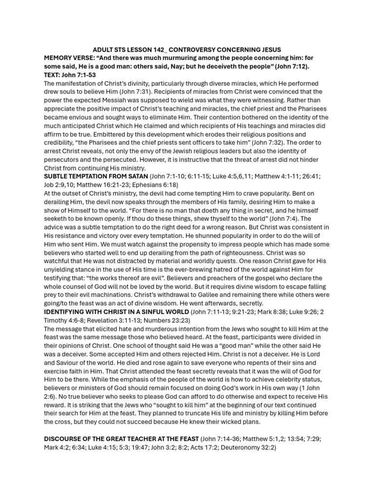Adult STS Lesson 142 - Controversy Concerning Jesus | PDF | Jesus ...
