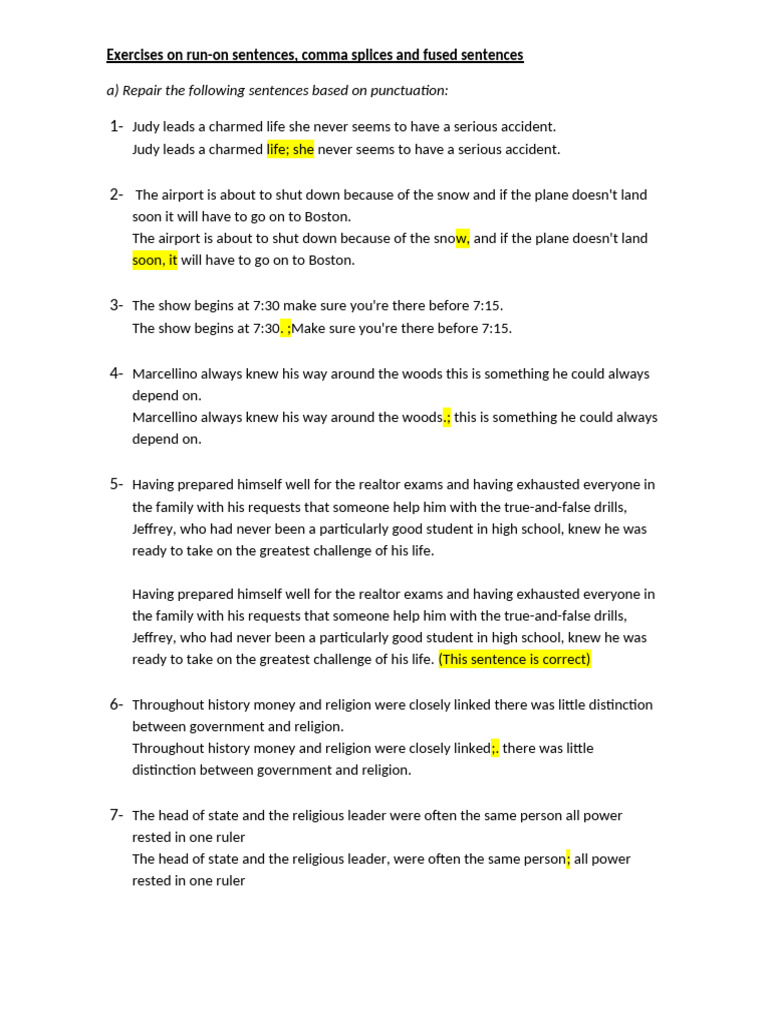 Exercises On Run On Sentences Comma Splices Answer Key | PDF