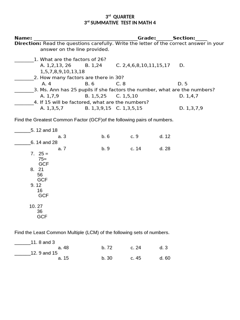 3rd SUMMATIVE MATH 3rd QUARTER | PDF | Mathematics | Number Theory