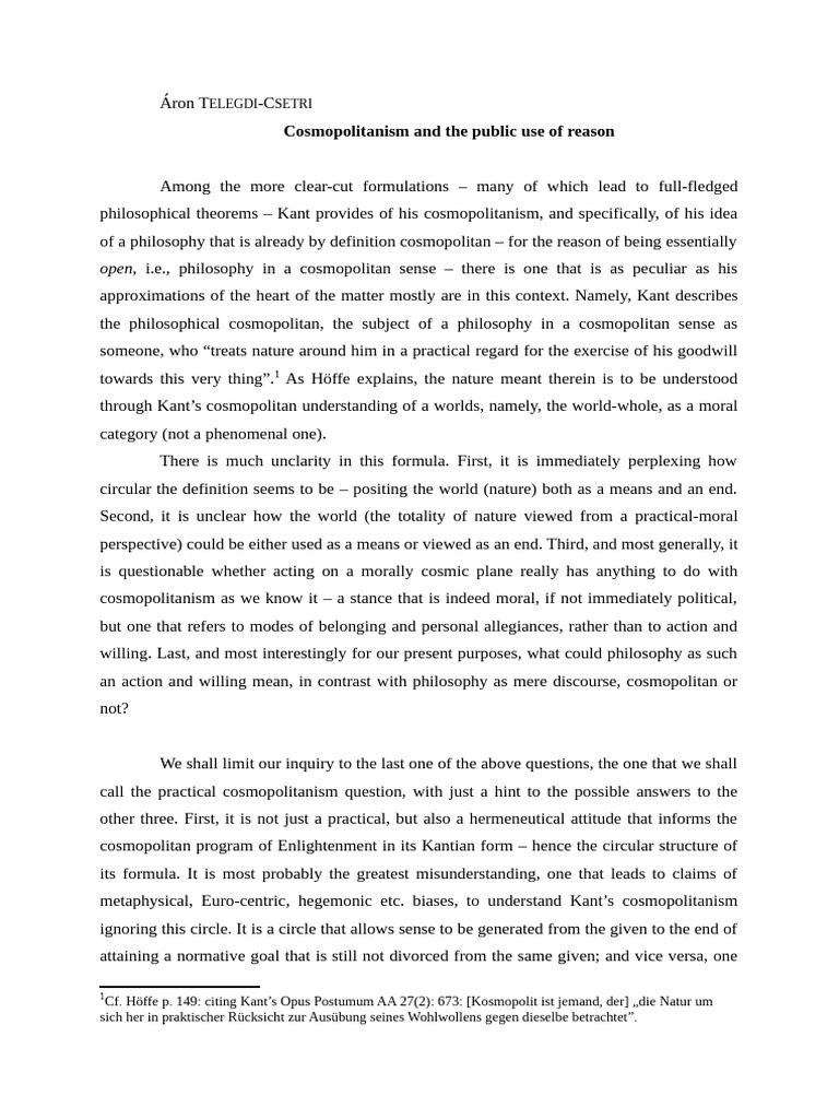 Áron Telegdi Cosmopolitanism and The Public Use of Reason Craiova | PDF ...