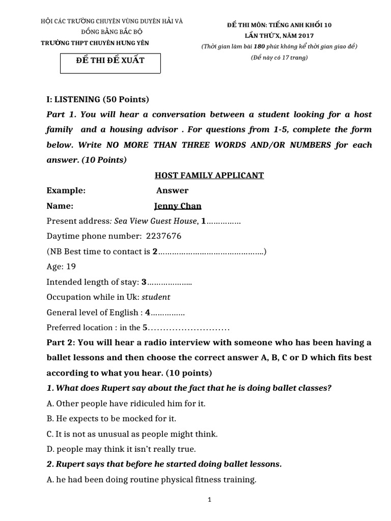 De Thi de Xuat-Tieng Anh 10-Chuyen Hung Yen | PDF | Autism | Filtration