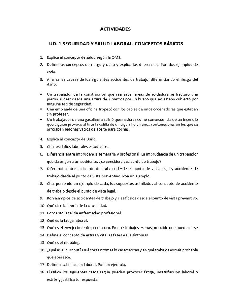EJERCICIOS UD 1 PRL | PDF | Seguridad y salud ocupacional | Estrés (biología)