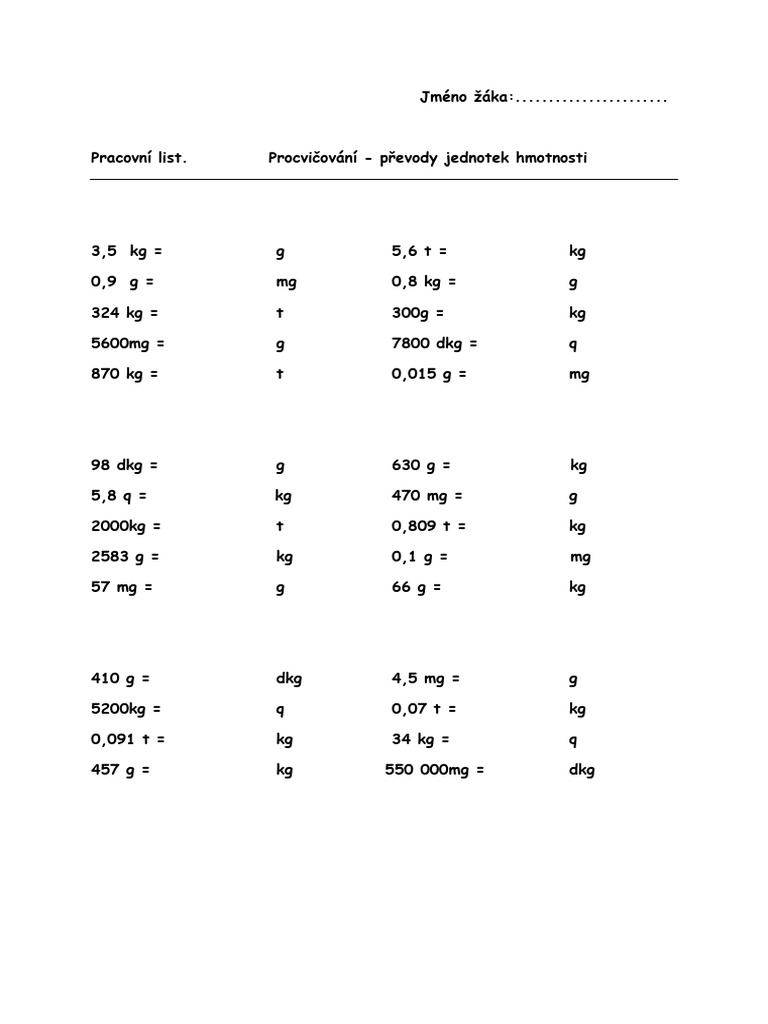 Převody jednotek hmotnosti 5. ročník | PDF