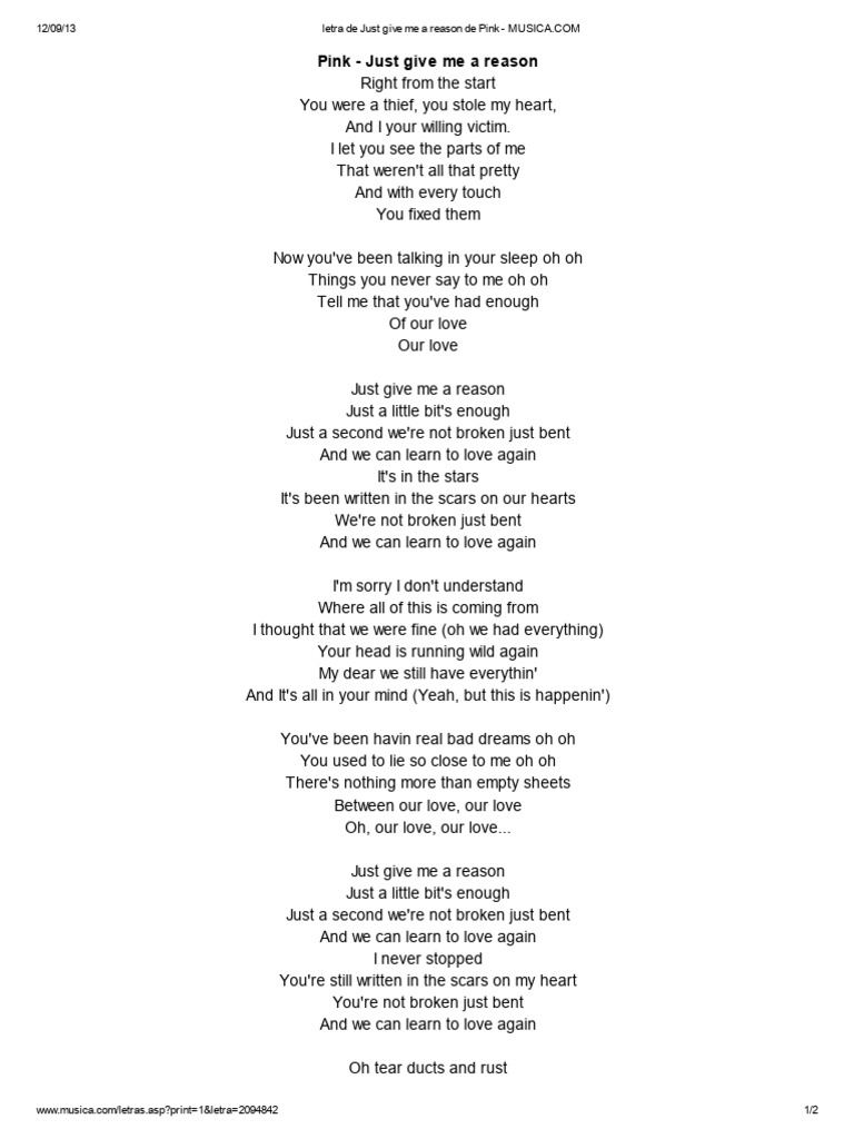 Letra de Just Give Me A Reason de Pink - MUSICA | PDF