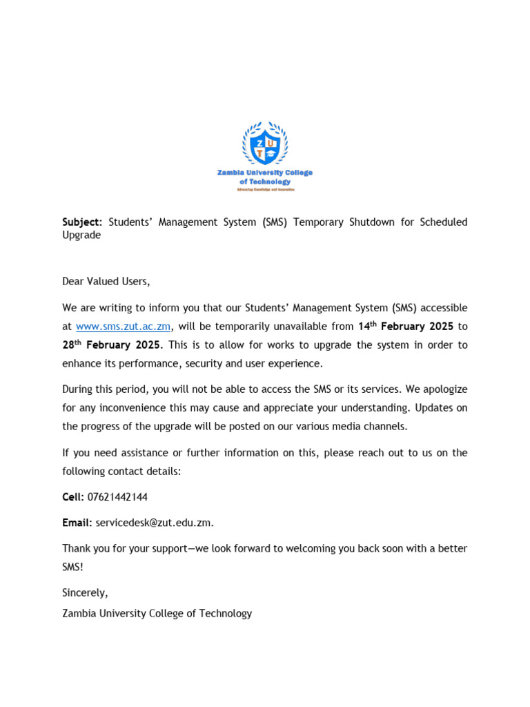 SMS Shutdown Announcement - Students | PDF