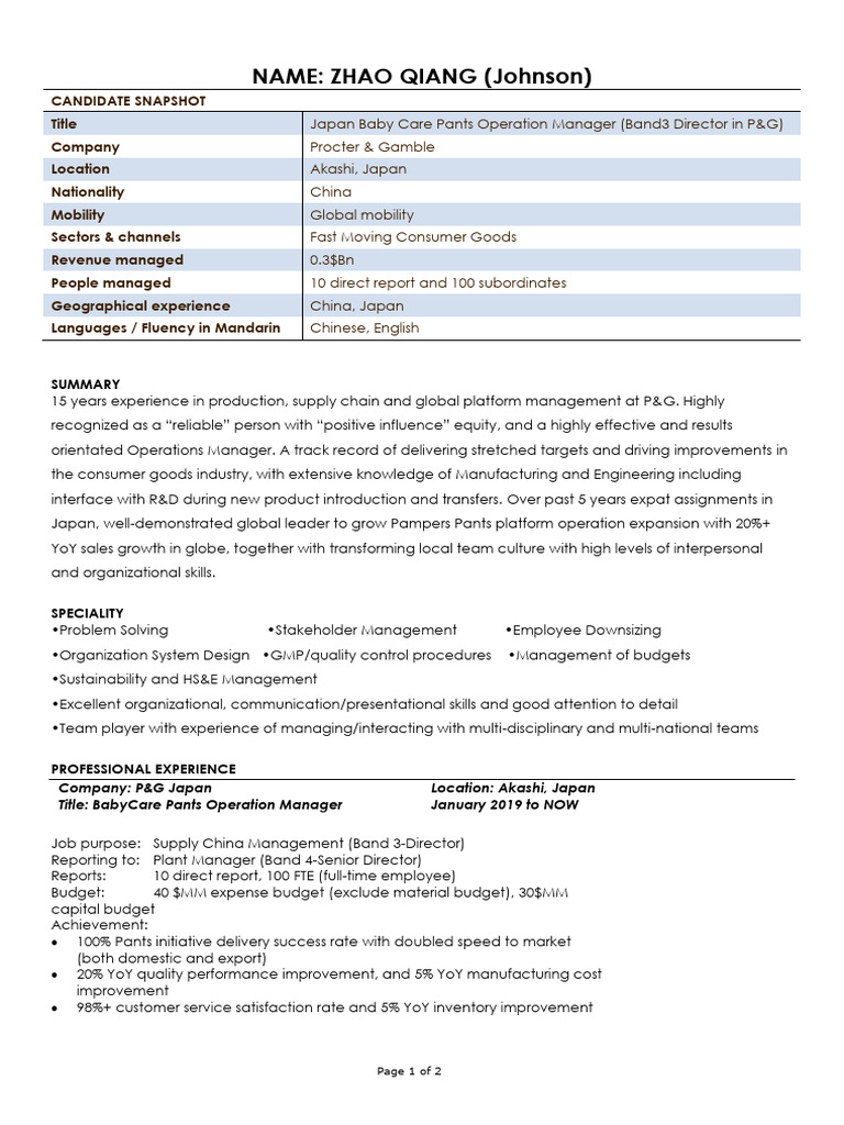 Resume For ZHAO QIANG (Johnson) | PDF | Procter & Gamble | Economies