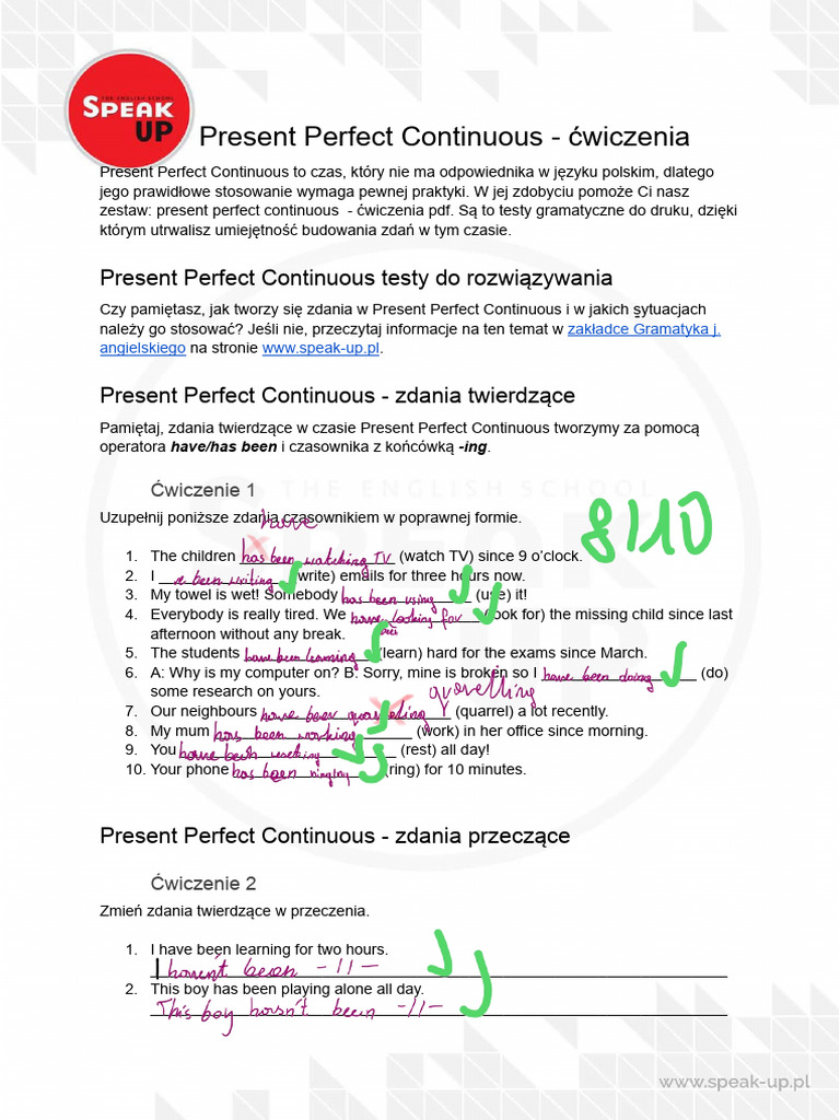 Cwiczenia Present Perfect Continuous | PDF