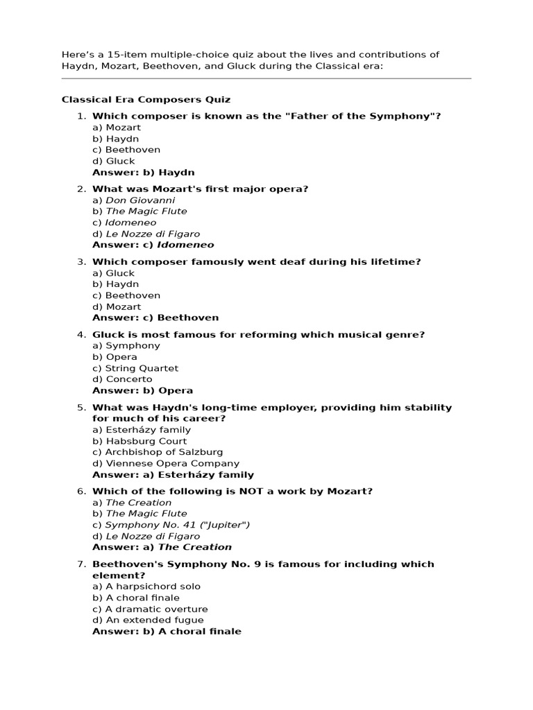 Classical Era Composers Quiz | PDF | Wolfgang Amadeus Mozart ...