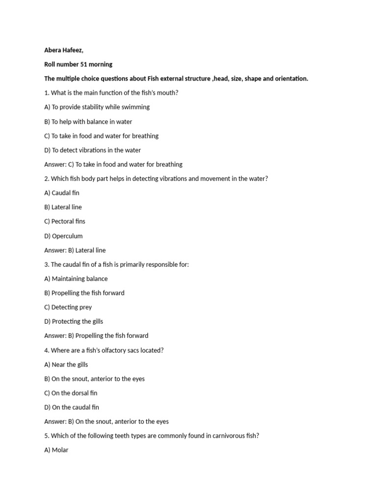 Fish External Structure and Anatomy Quiz | PDF | Fish | Zoology