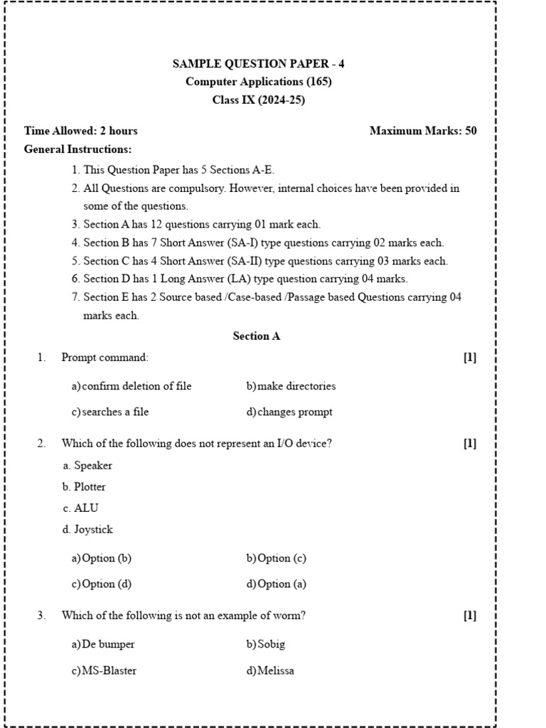 Computer Applications - Sample Paper (Class-9) | PDF | Microsoft Word ...