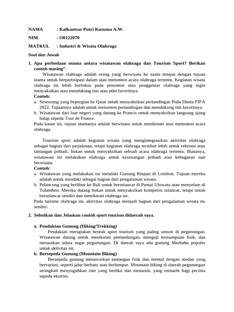 Tugas Industri&Wisata Olahraga - Kalkautsar Putri K.A.W - O0122070 | PDF