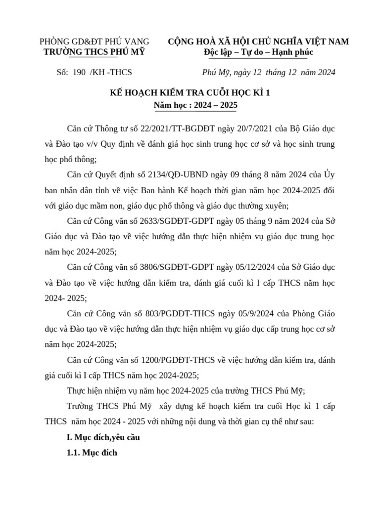 Ke Hoach Kiem Tra Cuoi HK 1 Nam Hoc 2024 2025 | PDF