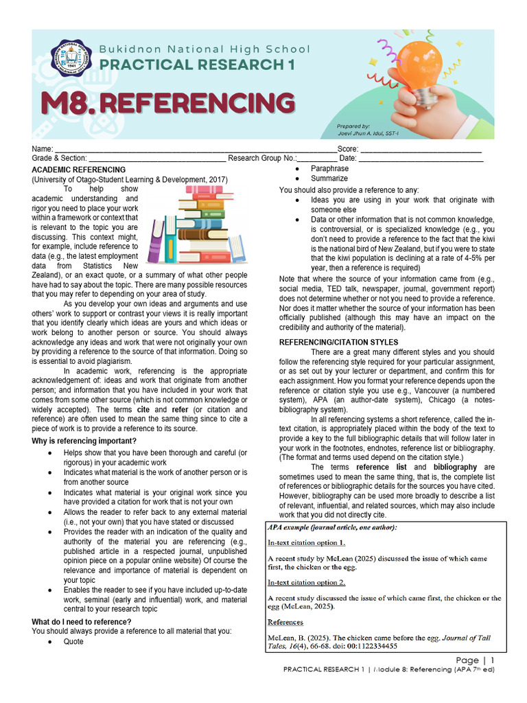 PR1 M8 Referencing With APA 7th Ed JJAI | PDF | Citation | Apa Style