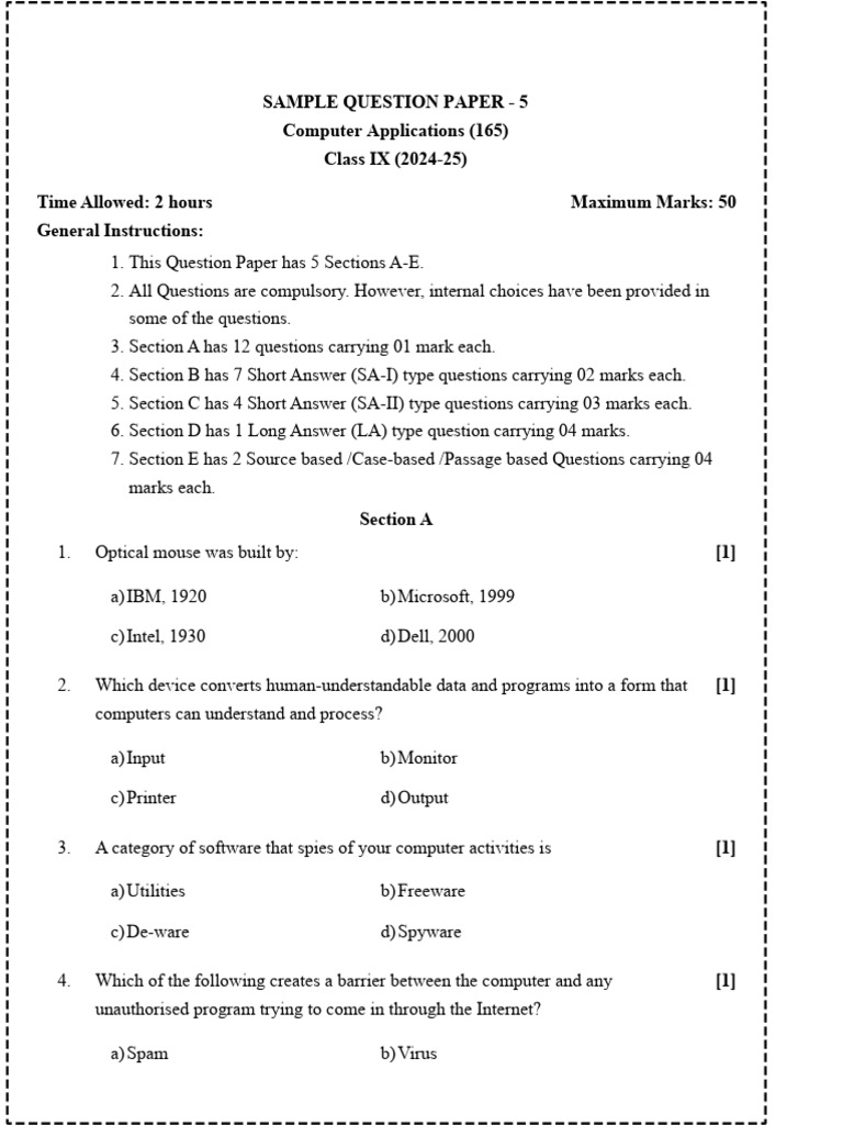 Class 9 Computer Applications Sample Paper | PDF | Malware | Microsoft ...