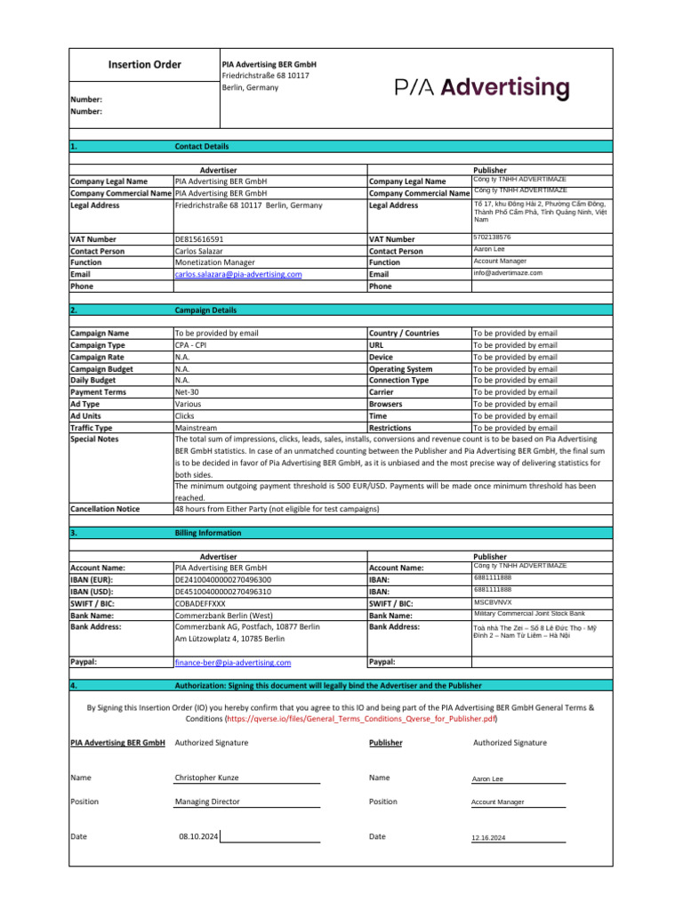 PIA Advertising Insertion Order Template | PDF