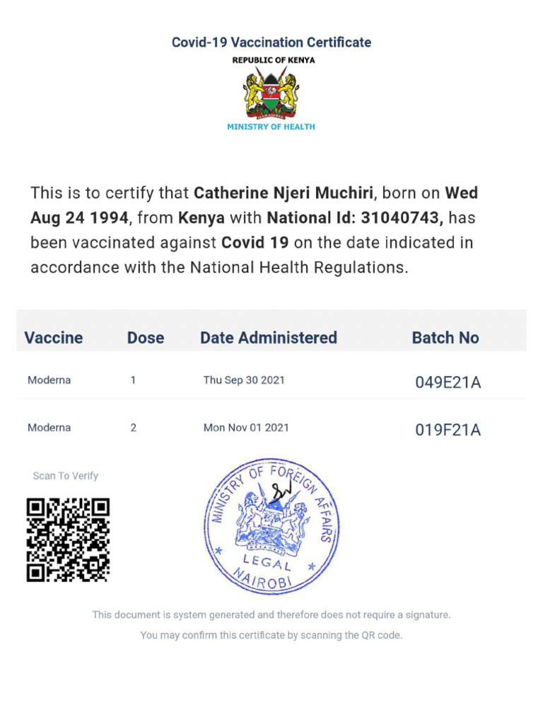 Catherine Njeri Vaccination Cert | PDF