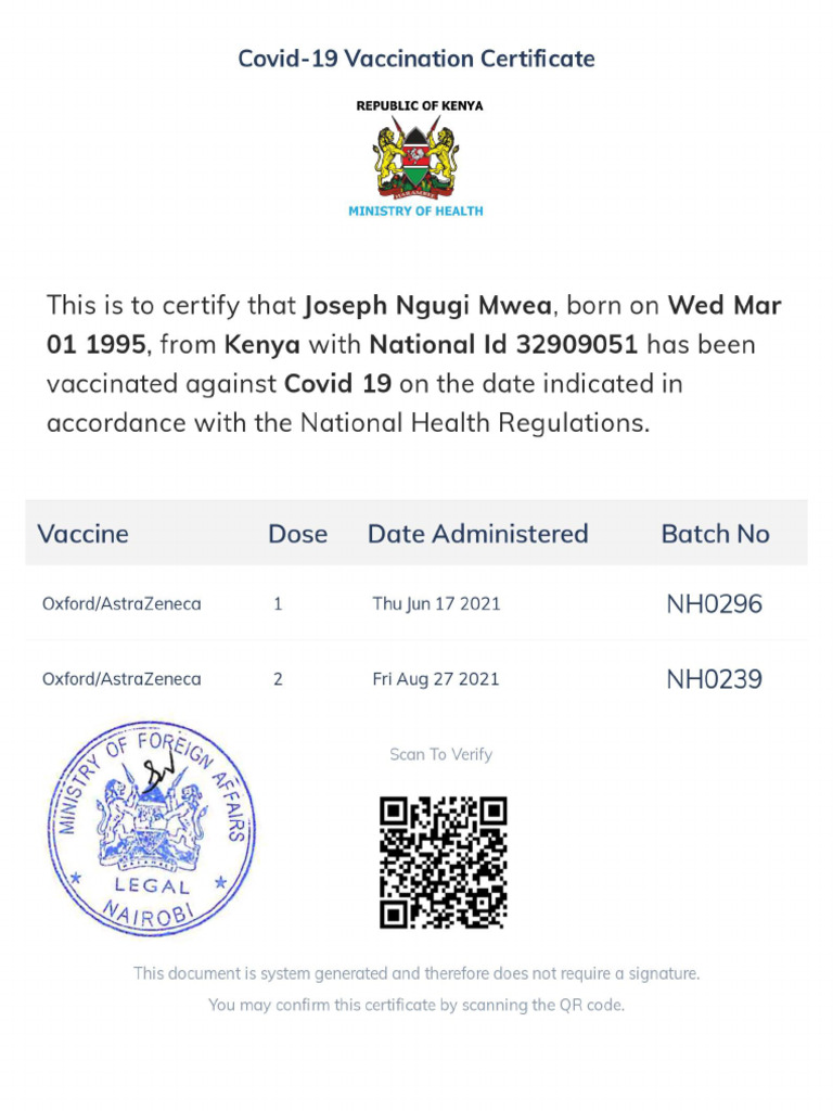 Joseph Ngugi Vaccination Cert | PDF