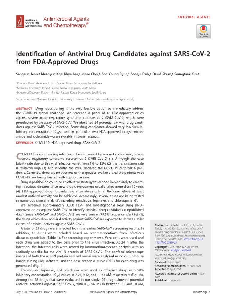 Jeon Et Al 2020 Identification of Antiviral Drug Candidates Against ...