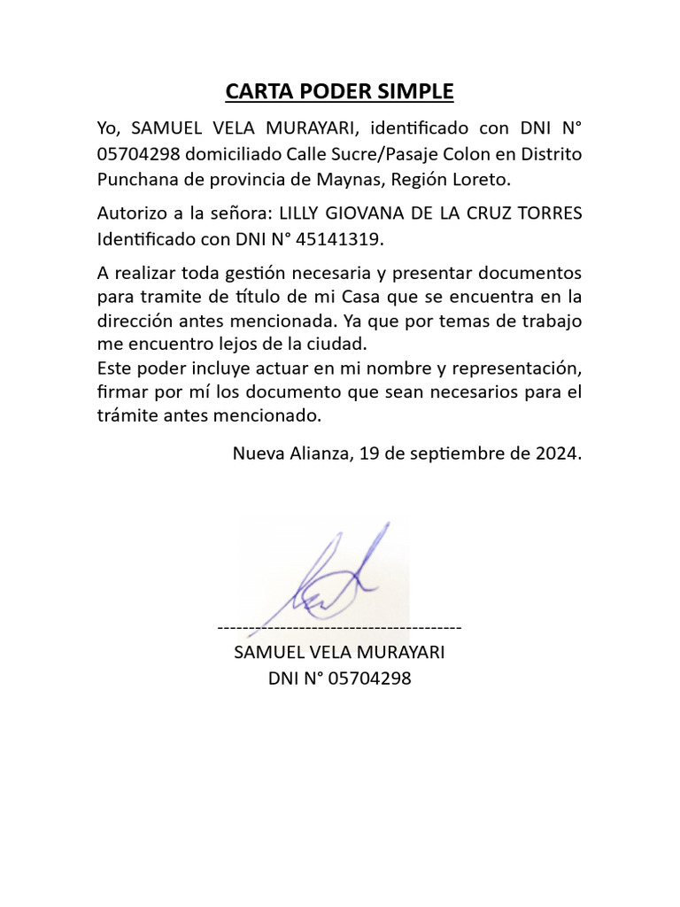 CARTA PODER SIMPLE SEÑOR SAMUEL_044203 | PDF