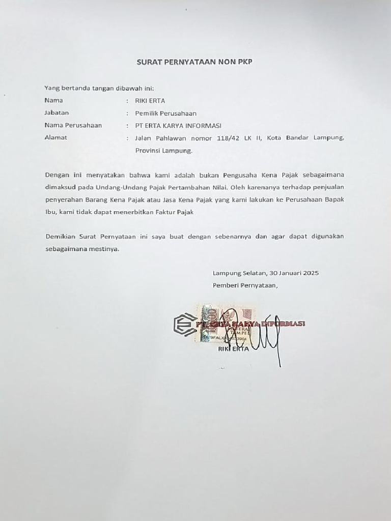 Surat Pernyataan Non PKP PT Erta Karya Informasi | PDF