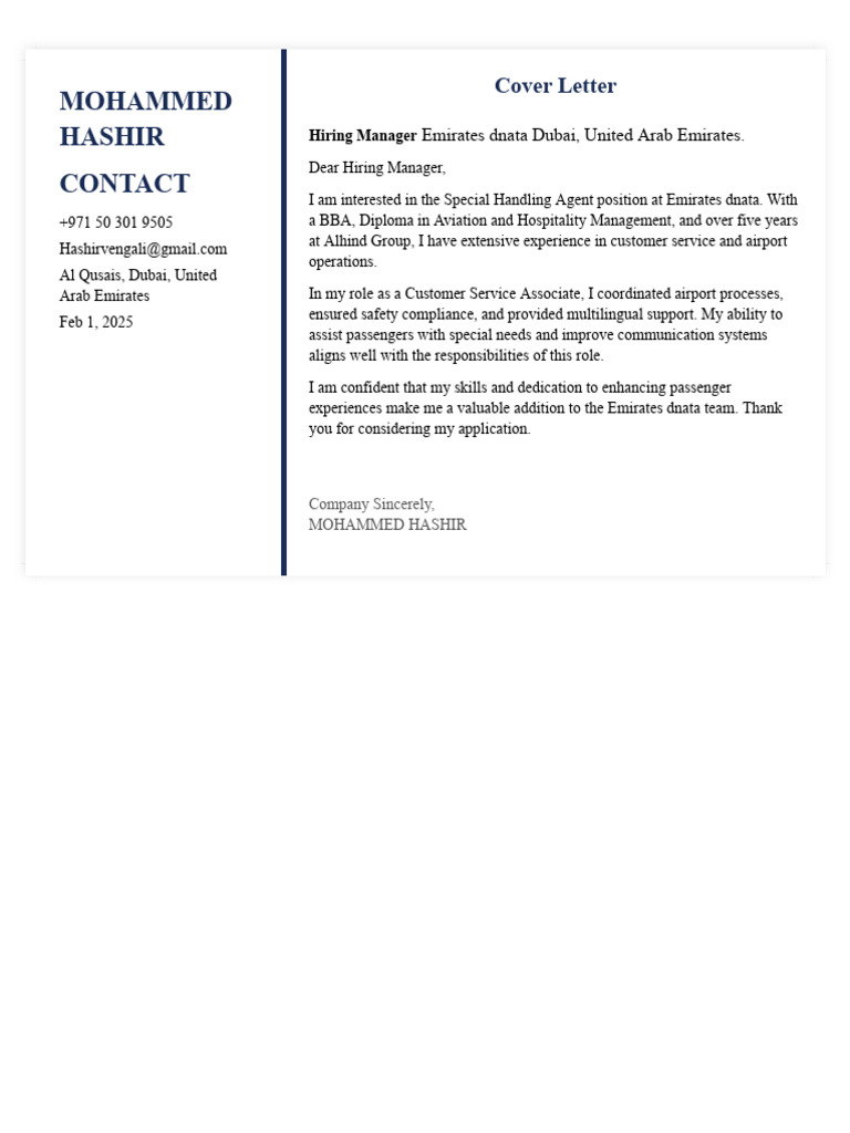Cover Letter for Emirates dnata Position | PDF