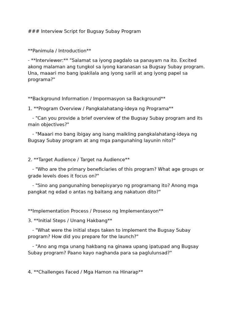 Interview Script For Bugsay Subay Program | PDF