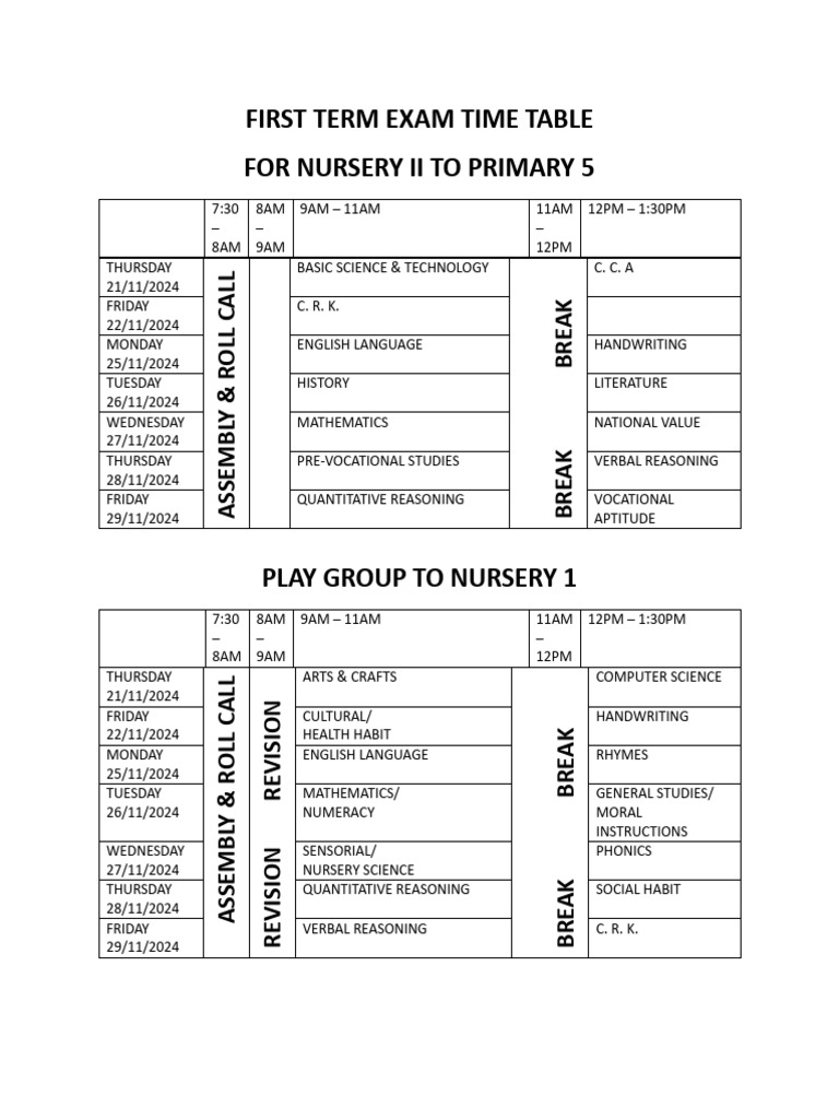 First Term Exam Time Table Primary | PDF