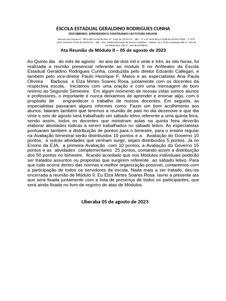 Reunião Módulo II - Escola Geraldino Rodrigues | PDF | Educação para ...
