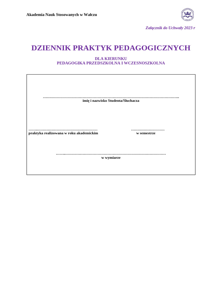 Dziennik Praktyk PPiW 2023 1 | PDF