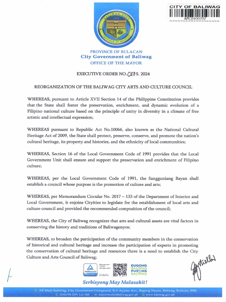 ARO24001797 Executive Order 017 S. 2024 Reorganization of The Baliwag ...