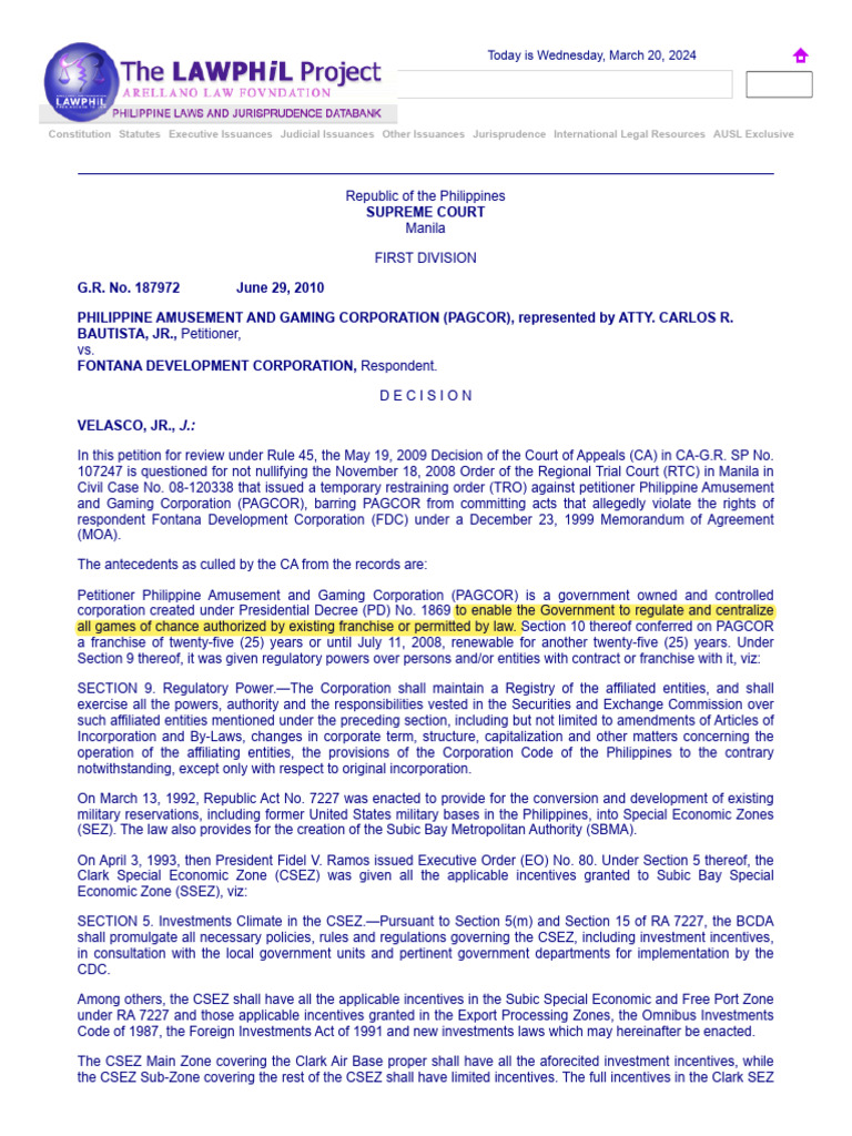 G.R. No. 187972 PAGCOR v Fontana | PDF | Injunction | Complaint